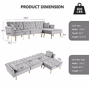 Hommoo 110” Modern Reversible Sectional Couch for Living Room Velvet L Shaped Couch with Removable Ottoman Nailhead Trim 3 Seater Sofa with Metal Gold Legs Light Gray