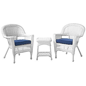 Jeco 3 Piece Wicker End Table Set with with Blue Chair Cushion, White