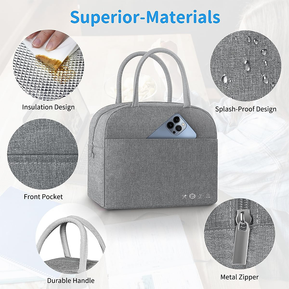 DALINDA Lunch Bag Lunch Box for Women Men Reusable Insulated Lunch Tote Bag,Leakproof Thermal Cooler Sack Food Handbags Case High Capacity forTravel Work School Picnic- Grey