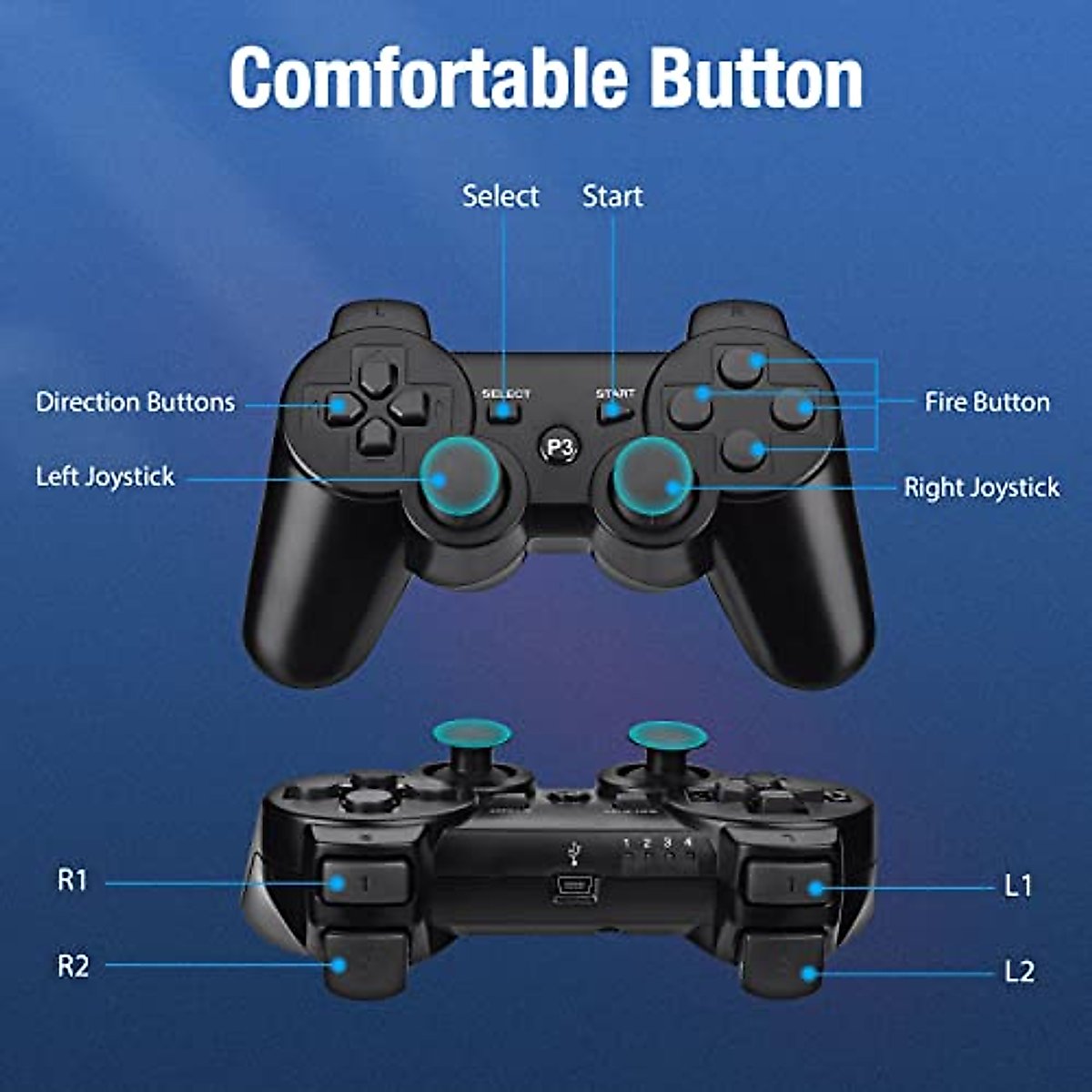 TESSGO PS3 Controller 2 Pack Compatible with PS-3, Rechargeable Game Wireless Controller with Upgraded Joystick for PlayStation 3