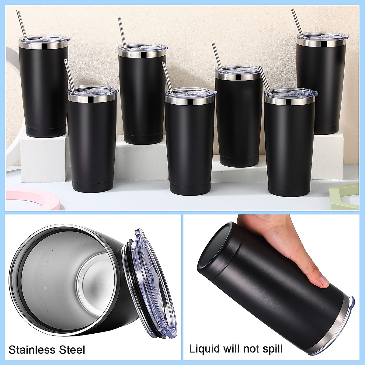 Eaasty 25 Pack Insulated Travel Tumbler with Straw and Lids 20 oz Stainless Steel Vacuum Tumbler Cups Powder Coated Coffee Mug for Cold and Hot Drinks (Black)
