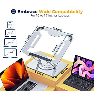 TechSync 360° Rotating Portable Laptop Stand for Desk, Aluminum Ergonomic Laptop Riser Adjustable height for MacBook & laptop up to 16" & Holds weight upto 22 lb, Swivel Laptop Holder Stand - Silver