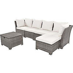 Goohome 6-Piece Patio Outdoor Sofa Set, All-Weather PE Wicker Rattan ConversationalSet Furniture w/2 Corner Sofá, 2 Single Chairs, 1 Storage Table and 1 Ottoman, for Backyard, Garden, Poolside, Deck
