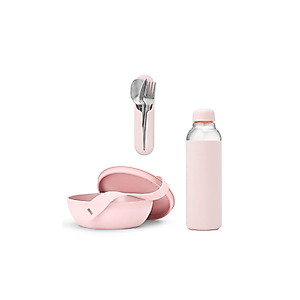 W&P Porter Silicone Sleeve Bundle Collection - Water Bottle, Plastic Bowl, and Utensil Set - BPA-Free Plastic, Dishwasher Safe, Portable, Travel Set (Blush)