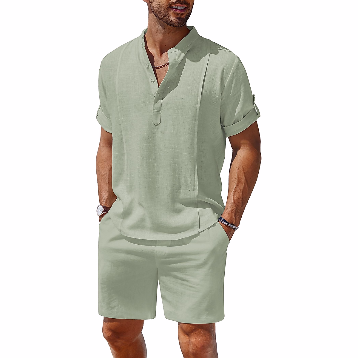 COOFANDY Linen Sets For Men 2 Pieces Henley Shirt Short Sleeve and Shorts With Pockets Sets Beach Yoga Matching Outfits