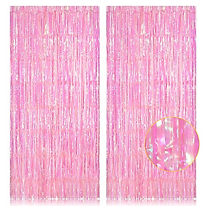 2 Pack Neon Pink Foil Fringe Curtain, 3.2x8.2 Feet Metallic Tinsel Photo Booth Pros Streamer Curtains for Party Birthday Wedding 2023 Graduation Decoration Supplies (Iridescent Pink)