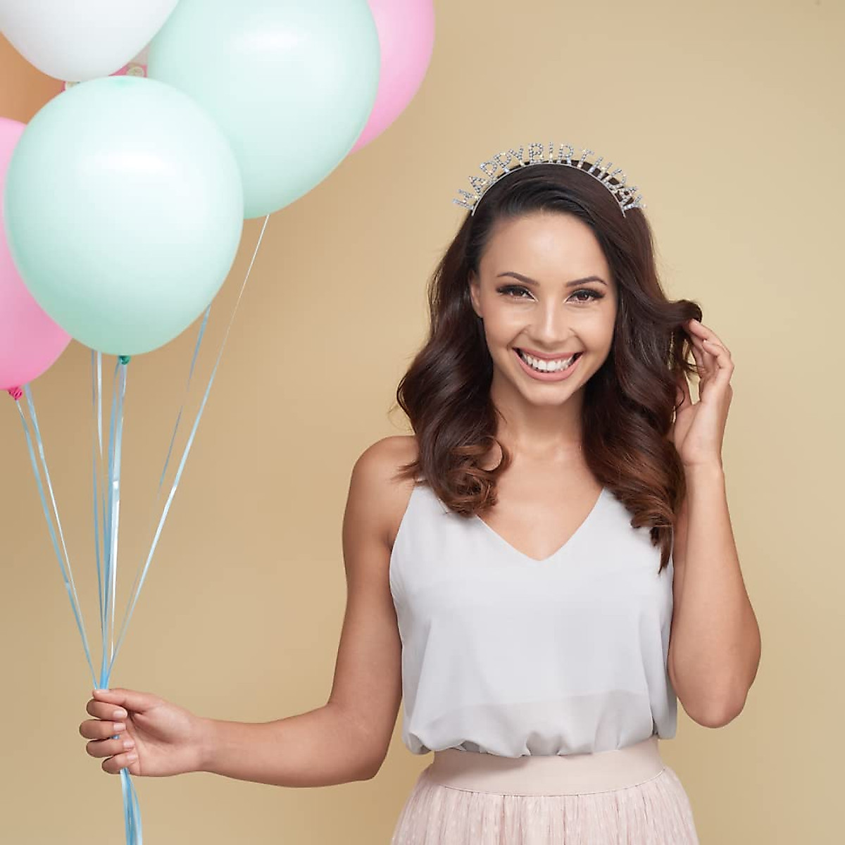 LOVSONG - Happy Birthday Girl Headband Birthday Princess Crown Birthday Tiara Rhinestone Birthday Accessories (HAPPY BIRTHDAY - SILVER)