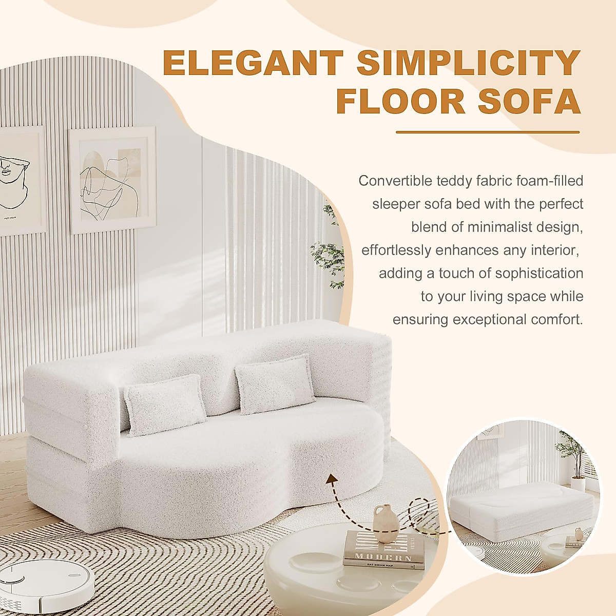 78" W Folding Sofa Bed, Modern Convertible Sofa Couch with Two Pillows, 15" H Full Size Sofa Sleeper Couch, Teddy Cloud Sofa with Foam Filled, No Assembly Required, for Living Room, Apartment - Beige