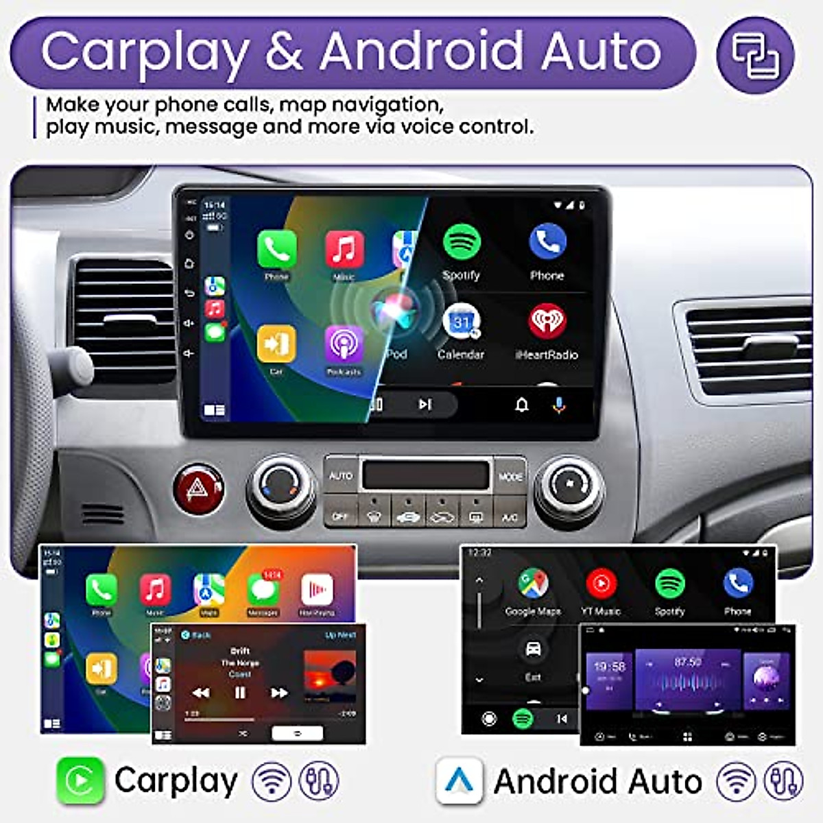 Fortdows Car Stereo Radio for Honda Civic 2006-2011, for Wireless Carplay/Android Auto 10" IPS Touch Screen Car Stereo Radio with Bluetooth Wi-Fi GPS Backup Camera, 4G RAM 64G ROM