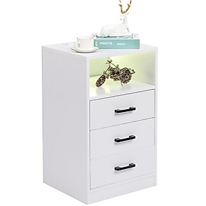 Karl home 3 Drawers Nightstand with Wireless Charging Station for Bedroom, Bedside Table with LED Lights and Storage, End Table for Living Room, AC Outlets USB Ports, Bed Side Table, White