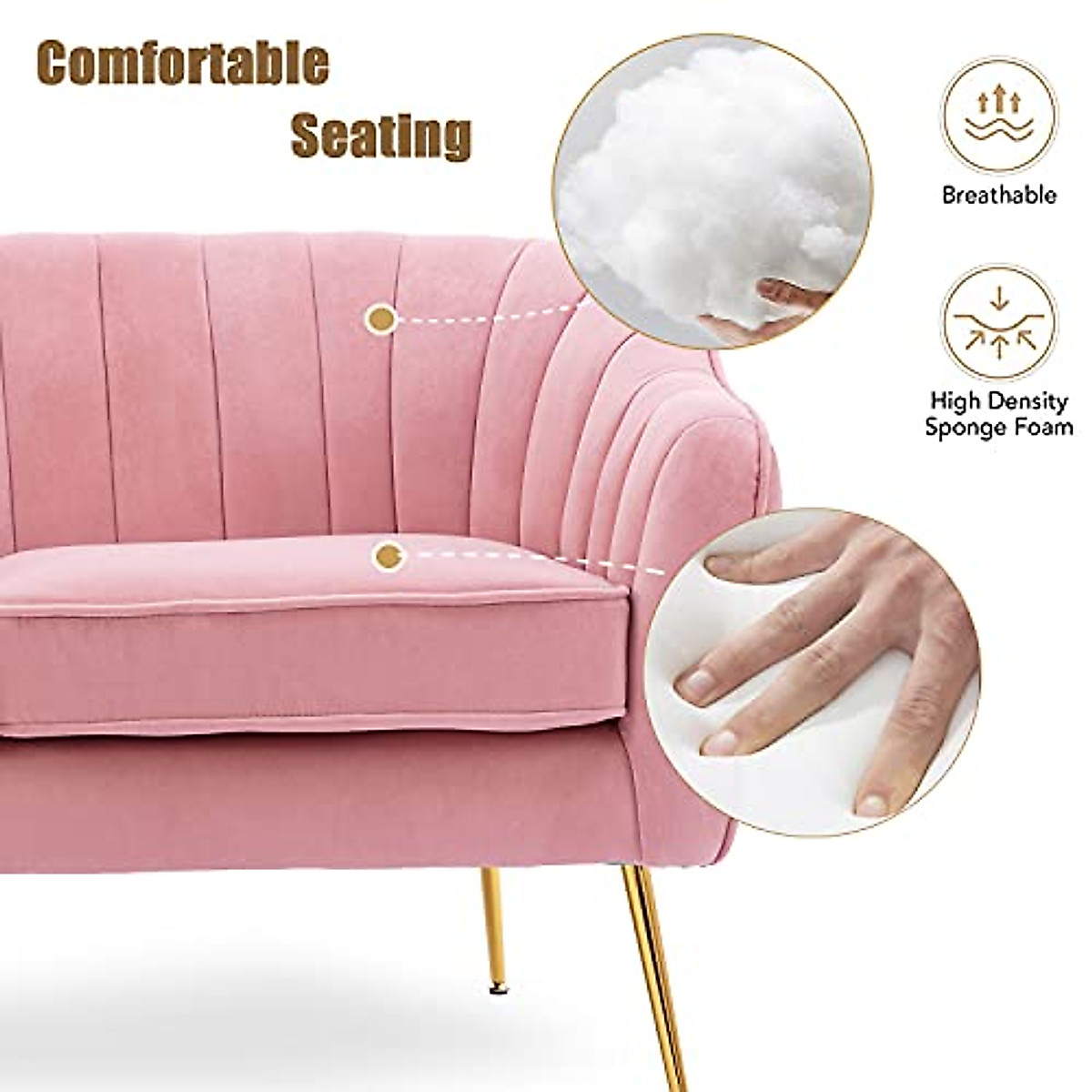 Altrobene Velvet Sofa Couch for Two People, Modern Loveseat for Living Room Bedroom Small Spaces, Blush Pink