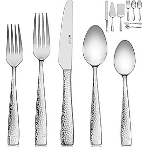 Hudson Essentials 68-Piece Hammered 18/10 Stainless Steel Silverware Cutlery Set with Serving Set and Cake Knife, Flatware Service for 12