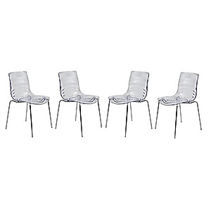 LeisureMod Astor Water Ripple Design Modern Lucite Dining Side Chair with Metal Legs, Set of 4, Clear