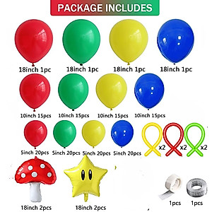 DUILE 156pcs Red Blue Green Yellow Balloon Garland Kit Mushroom Star Balloons for Cartoon Video Game Theme Super Bros Birthday Game Birthday Party Supplies