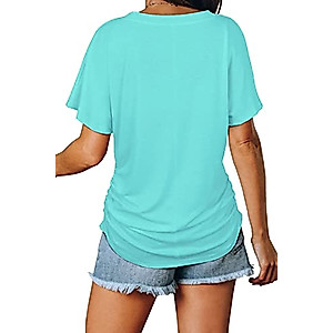 MYCOLORBLUE Women's V Neck T Shirts Short Sleeve Summer Casual Loose Dolman Tops with Side Shirring Aquamarine S