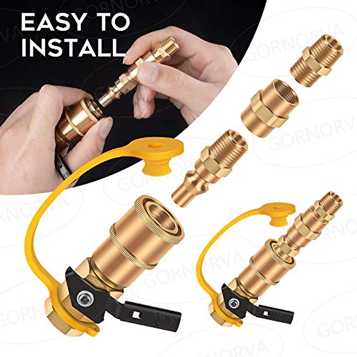 GORNORVA 5PCS 1/4" RV Propane Quick Connecting Fittings with Teflon Tape,Gas Quick Connect Fittings Includes 1/4" Female Shutoff Valve &Full Flow Plug,1/4" Male &1/4" Female NPT for RV,Trailer,BBQ