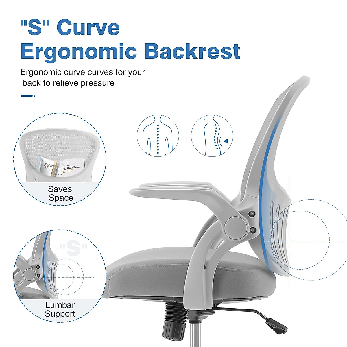 JHK Home Office Desk Chair – Ergonomic Office Chair with Lumbar Support and Flip-up Armrest, Height Adjustable Mesh Computer Chair, Suitable for Office, Study, Conference Room, Grey