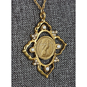 American Coin Treasures Pendant Necklace with Queen Elizabeth II 1/2 New Penny Great Britain Coin | Victorian Style Goldtone | 21 Inch Rope Chain with Lobster Claw Clasp | Certificate of Authenticity