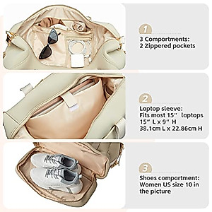 MOIY Gym bag for women with shoe compartment, Water proof weekender bags for women travel, Carry on bags for airplane, Neoprene travel bag, Yoga mat bag, Travel tote with luggage sleeve (Beige)