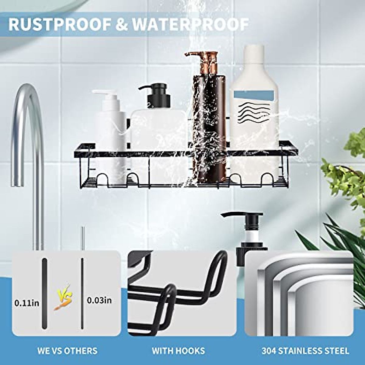 Oudvaker 4 Pack Shower Caddy Shelf Organizer Rack with Shower Soap Holder Wall Self Adhesive Suction Bathroom Set Decor Organization Shelves Kitchen Storage Spice Rack, Black