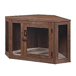 unipaws Furniture Corner Dog Crate with Cushion, Dog Kennel with Wood and Mesh, Dog House, Pet Crate Indoor Use, Walnut, Medium