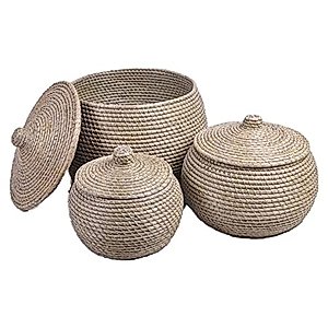 DKD Home Decor Natural Grey Seagrass Basket Set (48 x 48 x 41 cm) (3 Pieces) (Reference: S3018624)