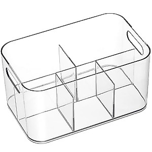 5-Compartment Clear Plastic Bin - Divided Cosmetic Makeup Caddy Organizer - Multiuse Storage Container for Vanity, Bathroom, Kitchen, Pantry, Office, Craft, Utensil, Shower, Cleaning Items, (1 Pack)