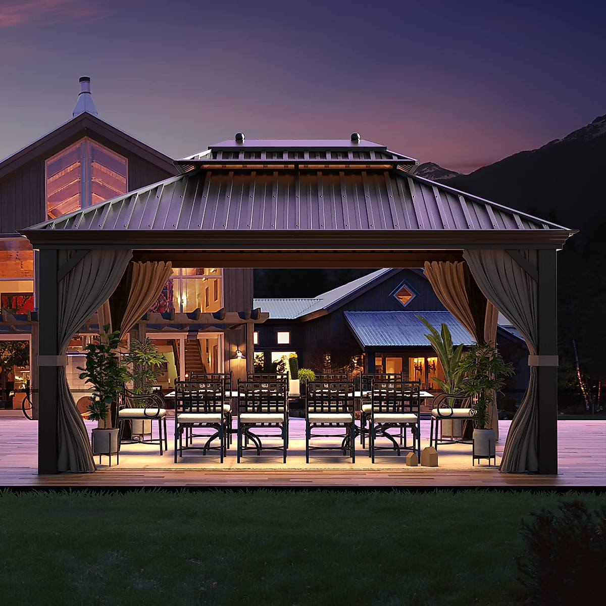 YOLENY 12'x16' Hardtop Gazebo with Double Galvanized Steel Roof, Pergolas Aluminum Frame, Curtains and Netting Included, Metal Outdoor Gazebos for Patios, Garden, Lawns, Parties