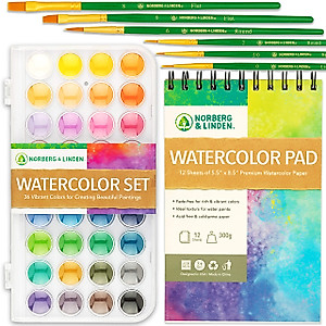 Watercolor Paint set 36 Premium Paints-12 Page pad - 6 Brushes Bundle with 2 Pack Sketch Pad