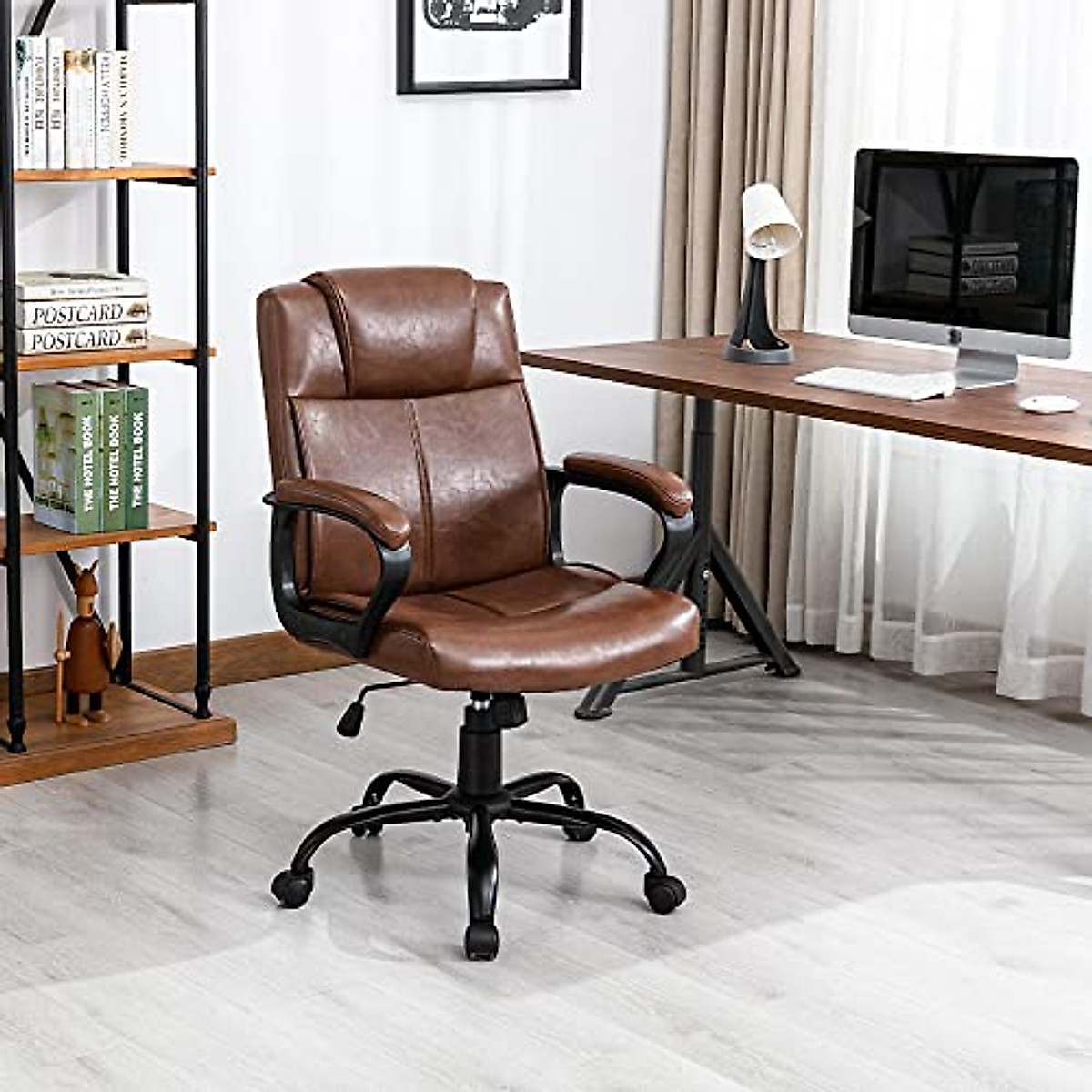 DYHOME Office Chair, Brown Office Chair, 350 LBS Brown Leather Office Chair, Mid Back Computer Chair Ergonomic Office Chair Adjustable Conference Swivel Task Chair with Padded Armrests