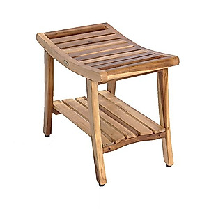 EcoDecors Harmony Teak Shower Bench Natural Wood Shower Bench with Shelf and LiftAide Arms 24" Shower Stool in Earthy Teak Finish