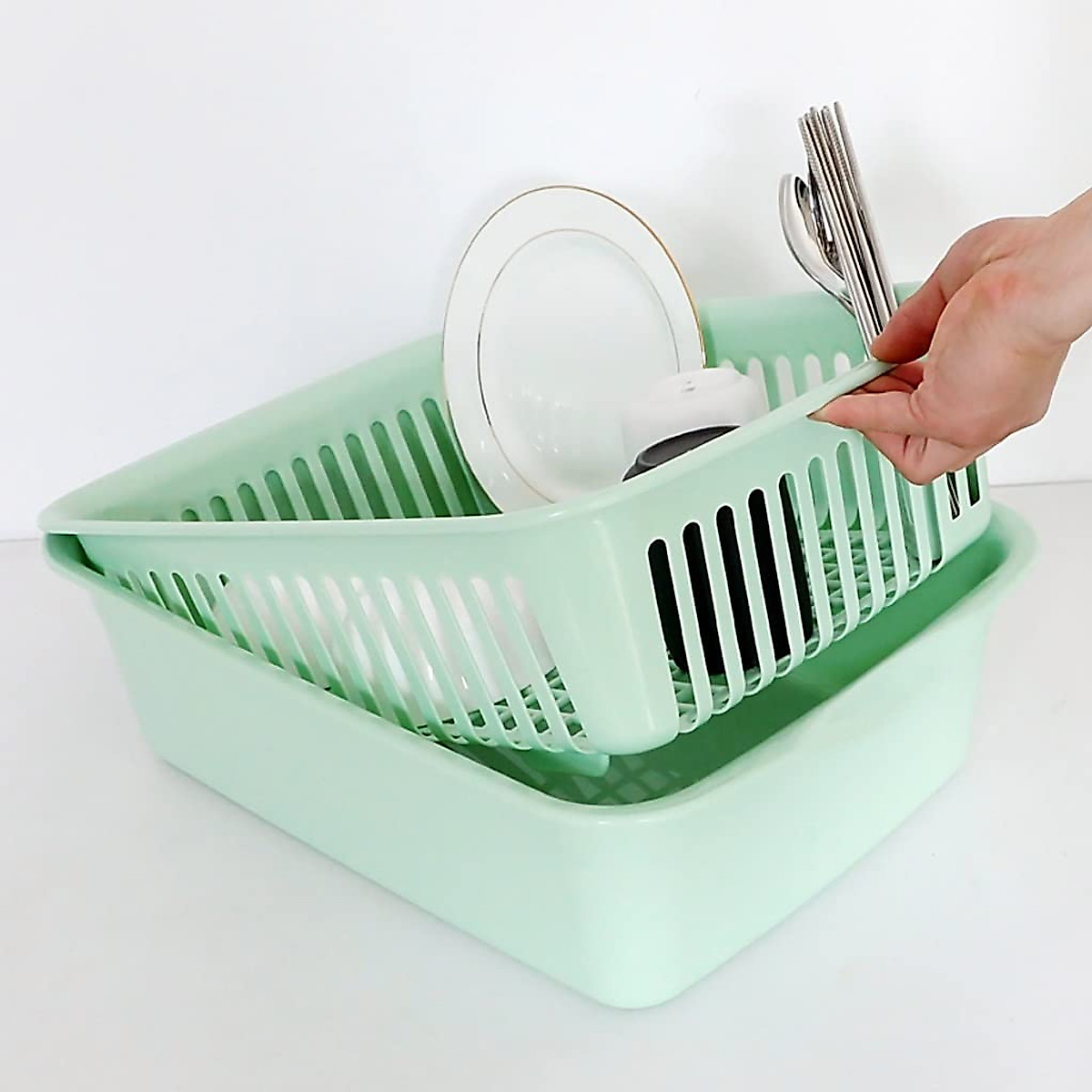 JUNXIAN Dish Rack Cutlery Drying Rack, Kitchen Plate Cup Dish Drying Rack, Drying Rack, Dish Drying Rack and Drain Board with Lid Cover Dish Containers(B,Small)