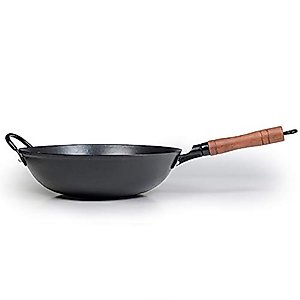臻三环 ZhenSanHuan Cast Iron Woks and Stir Fry Pans, No Coating, Induction Suitable, Flat Bottom (32CM/12.6in)
