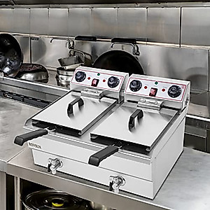 ROVSUN 24.9QT/ 23.6L Electric Deep Fryer w/Frying Baskets Timer Drains & Lids, Dual Tank Kitchen Countertop Commercial Frying Machine, Adjustable Temperature, 3400W 110V 60HZ