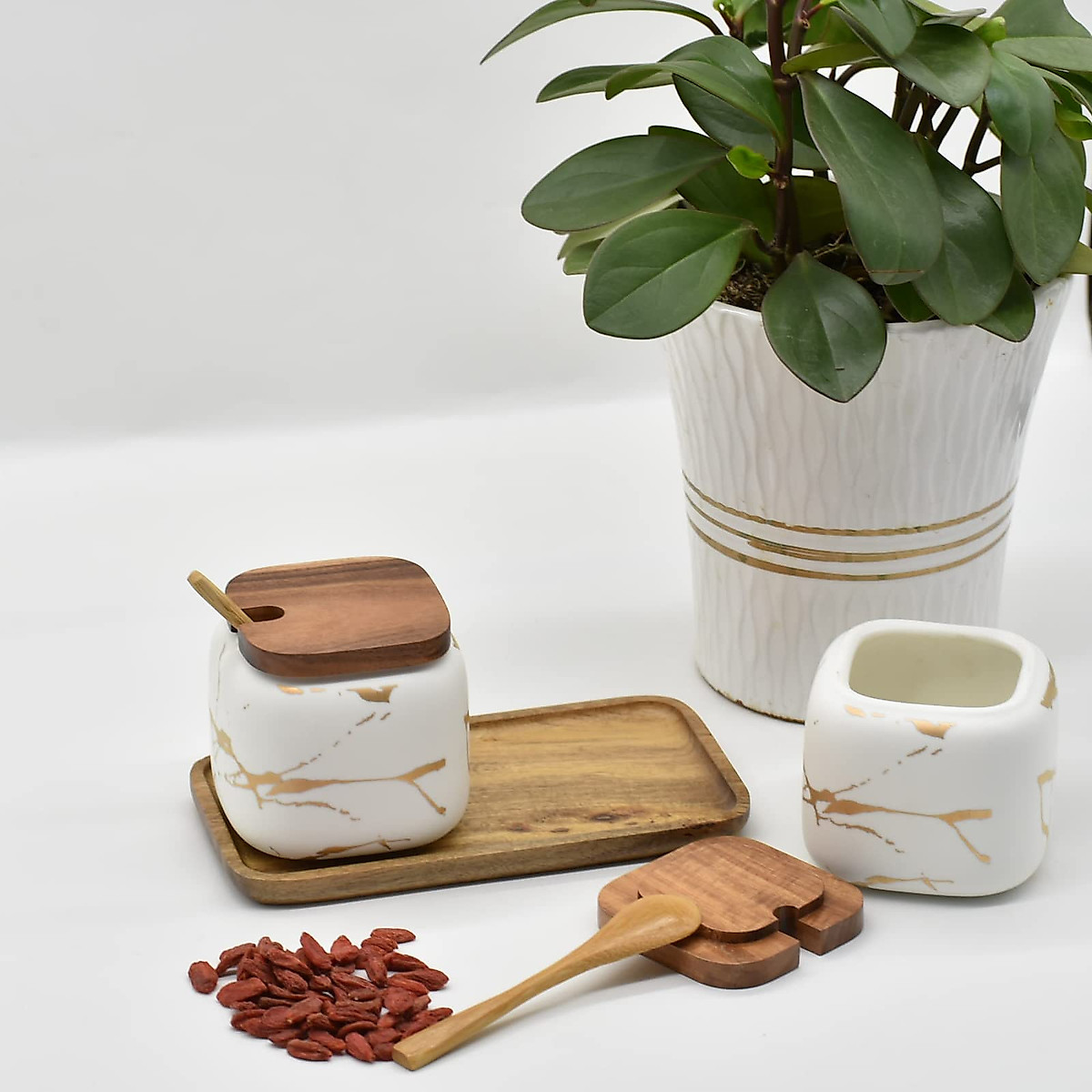 EIMQUVW Sets of 2 Marble Ceramic Seasoning Jars Ceramic Sugar Salt bowl Condiment Pots with Wooden Lids,Wooden Spoon and Wooden Tray(White)