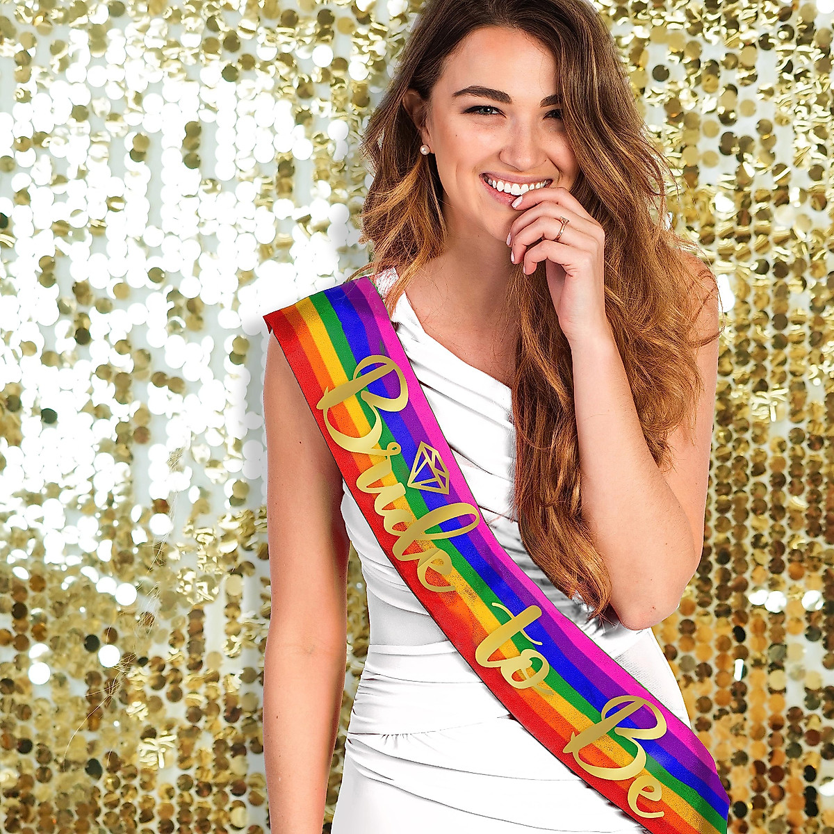 Rainbow Bride Gay Wedding Sash - Premium Bridal Grade Satin Metallic Gold Diamond Bride to Be Sash LGBTIQA+ Pride Lesbian Sash(DiaB2B Gld) RBW