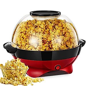 Popcorn Machine, 6.3 Qtrs./28 Cup Popcorn Maker, 800w Stir Crazy Popcorn Popper with Quick-Heat Technology, Removable Non-Stick Surface, Cool Touch Handles, Thicken Transparent Cover, 2 Measuring Cap