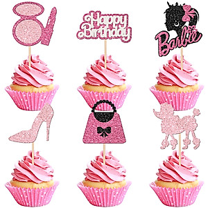30 Pack Princess Cupcake Toppers Glitter Happy Birthday Lipstick High Heel Bag Cupcake Picks for Baby Shower Bridal Shower Wedding Princess Birthday Anniversary Theme Party Cake Decorations Pink Black