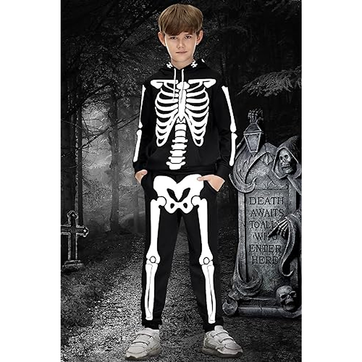 Girls Halloween Costume Bone Skeleton Skull Sweatshirt Hoodie Pant Set for Boys 9-10 Years