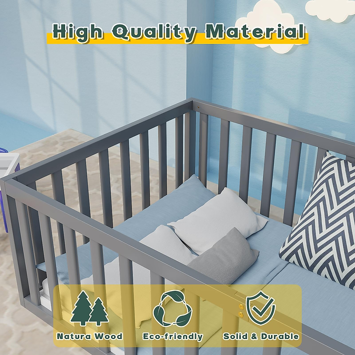 Zevemomo Twin Size Floor Bed for Kids & Children, Twin Montessori Floor Beds with Safety Guardrails and Door, Wood Beds for Kids & Childrens, Boys and Girls, Easy Assembly(Grey)