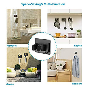 HOMEASY Mop Broom Holder No Drill SUS304 Stainless Steel, Mop Broom Organizer Wall Mounted Heavy Duty with Hooks Hanger, Storage Rack Self Adhesive 4Pcs for Bathroom, Kitchen, Office, Black