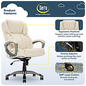 Serta Garret Executive Office, Adjustable Ergonomic Computer Chair with Layered Body Pillows, Waterfall Seat Edge, Bonded Leather, High-Back, Ivory White