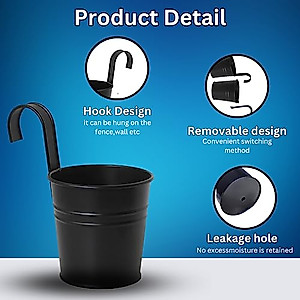 GARDEN4LIFE 6.25 Inch Large Iron Hanging Plant Pot Set - Planters for Indoor Plants & Outdoor Flora w/Drainage Hole, Detachable Hook - Ideal Balcony Planters Fence Railing Hanging Pots - 4Pcs Black