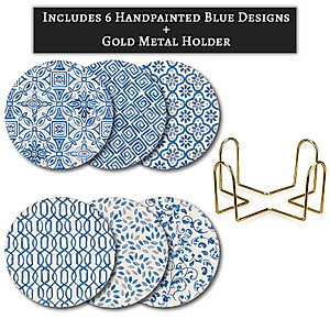 Ceramic Drink Coasters - Includes 6 Handpainted Blue Patterns and Gold Holder - Super Absorbent - Cork Underside Protects Furniture