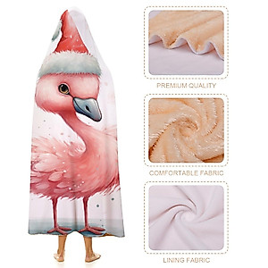 Hooded Blankets Flamingos Wear Santa Hats Wearable Hooded Blanket Cape Winter Flamingo Fleece Blanket Cloak Cape Blanket Fit for Kids Adults Teens for Couch Bed 40"x50" Spring Summer Blanket Hoodie