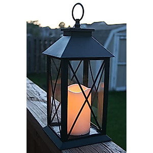 Decorative Black Lantern with Cross bar Design - LED Flickering Flameless Pillar Candle with 5 Hour Timer Included - Indoor/Outdoor Lantern - 13" - Pack of 6