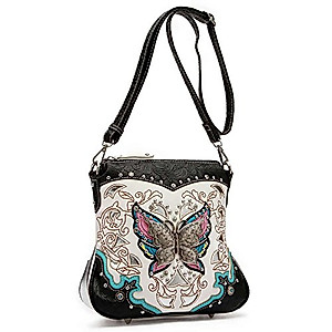 Western Style Butterfly Tooled Leather Women Purse Cross Body Handbag Concealed Carry Single Shoulder Bag (Black)