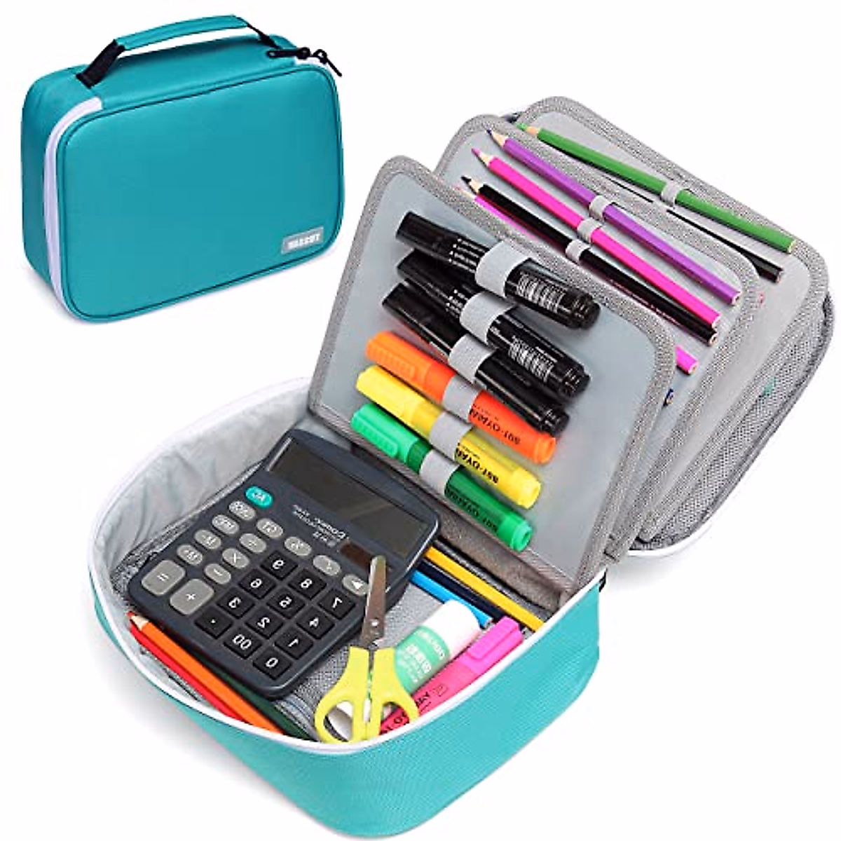 VASCHY Large Pencil Case, Art Color Pencils Pouch with Detachable Layers Multiple Zip Pockets for School Office Stationary Organization Turq