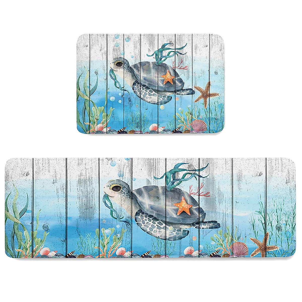 Possta Decor 2 Piece Kitchen Mats Nautical Turtles Starfish Seaweed Shells,Non Slip Doormats Area Runner Rug Set,Blue Ocean Farm Retro Plank Super Soft Comfort Standing Mat for Bedroom Living Room