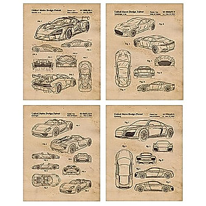 Classic Cars Collection Patent Prints, 4 (8x10) Unframed Photos, Wall Art Decor Gifts Under 20 for Home Office Man Cave College Student Teacher F1 McLaren Aston Martin Audi Porsche Team Racing